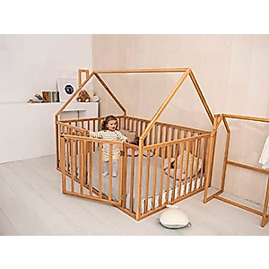 BUSYWOOD Montessori Playpen for Toddlers - Kids Play Pen Bed with Roof - High Rails Toddler Playpen - Floor Playpen Bed for Kids - Montessori Bedroom Furniture (Model 21)
