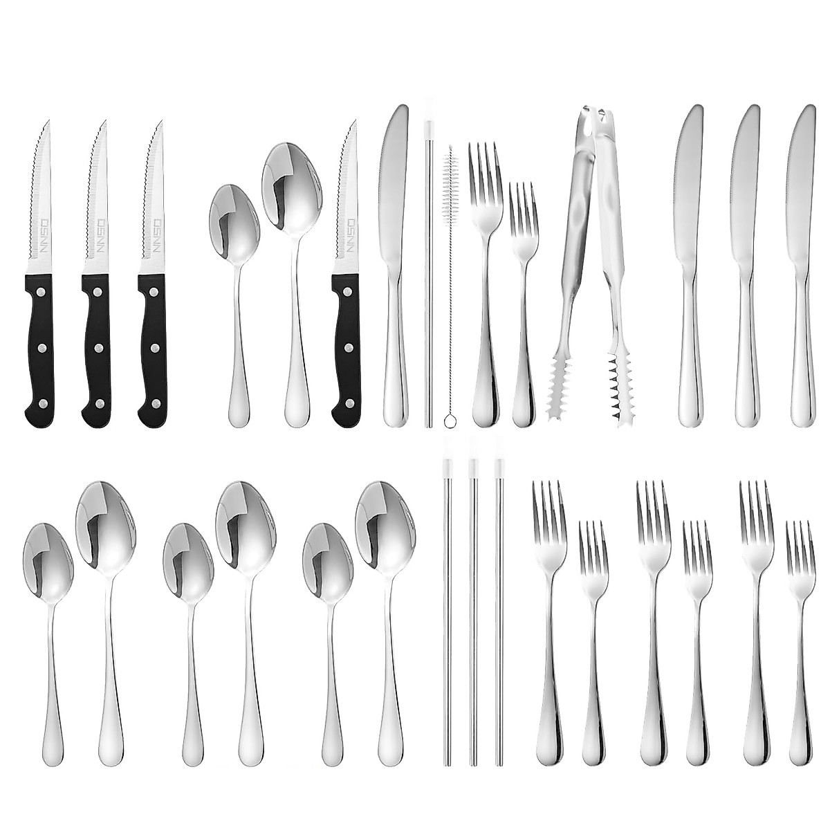 30 Pieces Silverware Sets for 4 Plus Food Tong, Stainless Steel Flatware Set with Metal Straw, DSNN Home Kitchen Utensil Cutlery Set,Include Knives Spoons and Forks