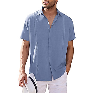 COOFANDY Men's Casual Cotton Beach Button Down Dress Shirt Summer Linen T-Shirt~ Grey Blue