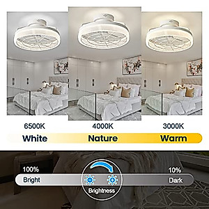 YUZEAL 18.9 Inch Low Profile Ceiling Fans with Lights and Remote, Modern Small bladeless Farmhouse Caged Round Flush Mount Dimmable LED Lighting, Memory, 3 Colors, Reversible Blades (White)