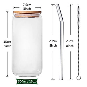 CZFWin Drinking Glasses with Bamboo Lids and Glass Straws - Pack of 6 16oz Can Shaped Glass Cups, Beer Glasses, Iced Coffee Glasses, Cute Tumbler Cup, Ideal for Whiskey, Soda, Tea, Water