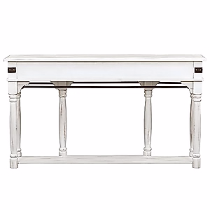 Solid Wood 60" Long Console Table with 3 Storage Drawers and Bottom Shelf, Mediterranean Retro-Style Accent Entryway Sofa Tables for Hallway Living Room, Semi-Open Storage Space (Creamy White-NM)