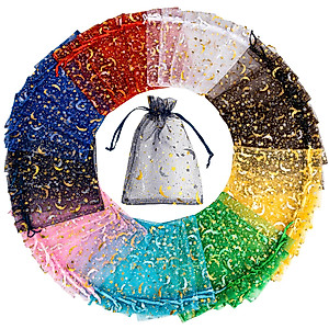 Sukh 100pcs Organza Bags 4"X6" - Moon Star Small Gift Bags Bulk Party Favor Mesh Bags Drawstring Goodie Wrap Pouch Bags Candy Jewelry Sachet Bracelet Fruit Protection Bags Wedding Halloween Christmas
