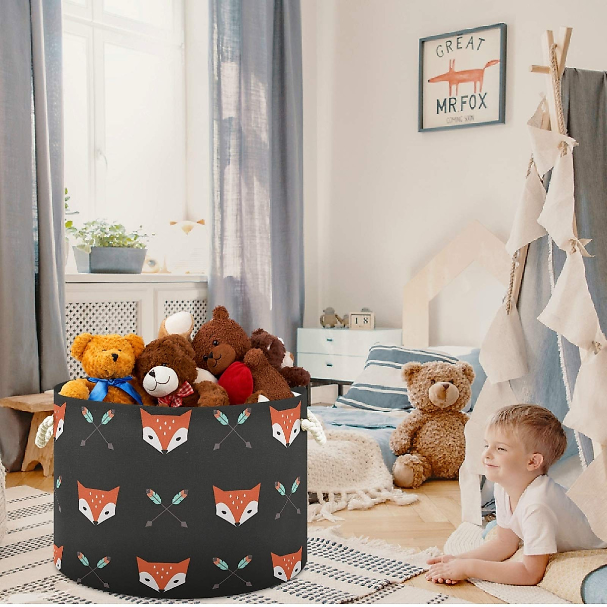 visesunny Storage Basket Foxes Arrow Animal Nursery Hamper Canvas Fabric Toy Storage Organizer Bin Storage Box Laundry Basket for Kid Rooms,Playroom,Shelves,Toy Basket