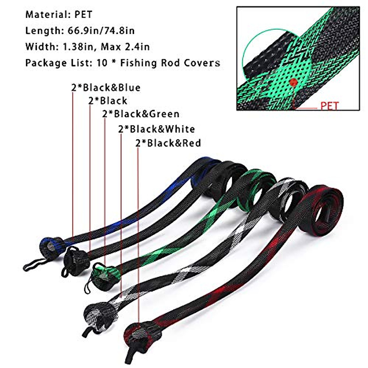 ZHENDUO OUTDOOR 10Pcs Fishing Rod Sleeve Rod Socks 67inches/74.8inches Rod Covers Braided Mesh Rod Protector Fishing Tools Accessories for Bait Casting Sea Fishing Rod (5pcs*1.7m+5pcs*1.9m)