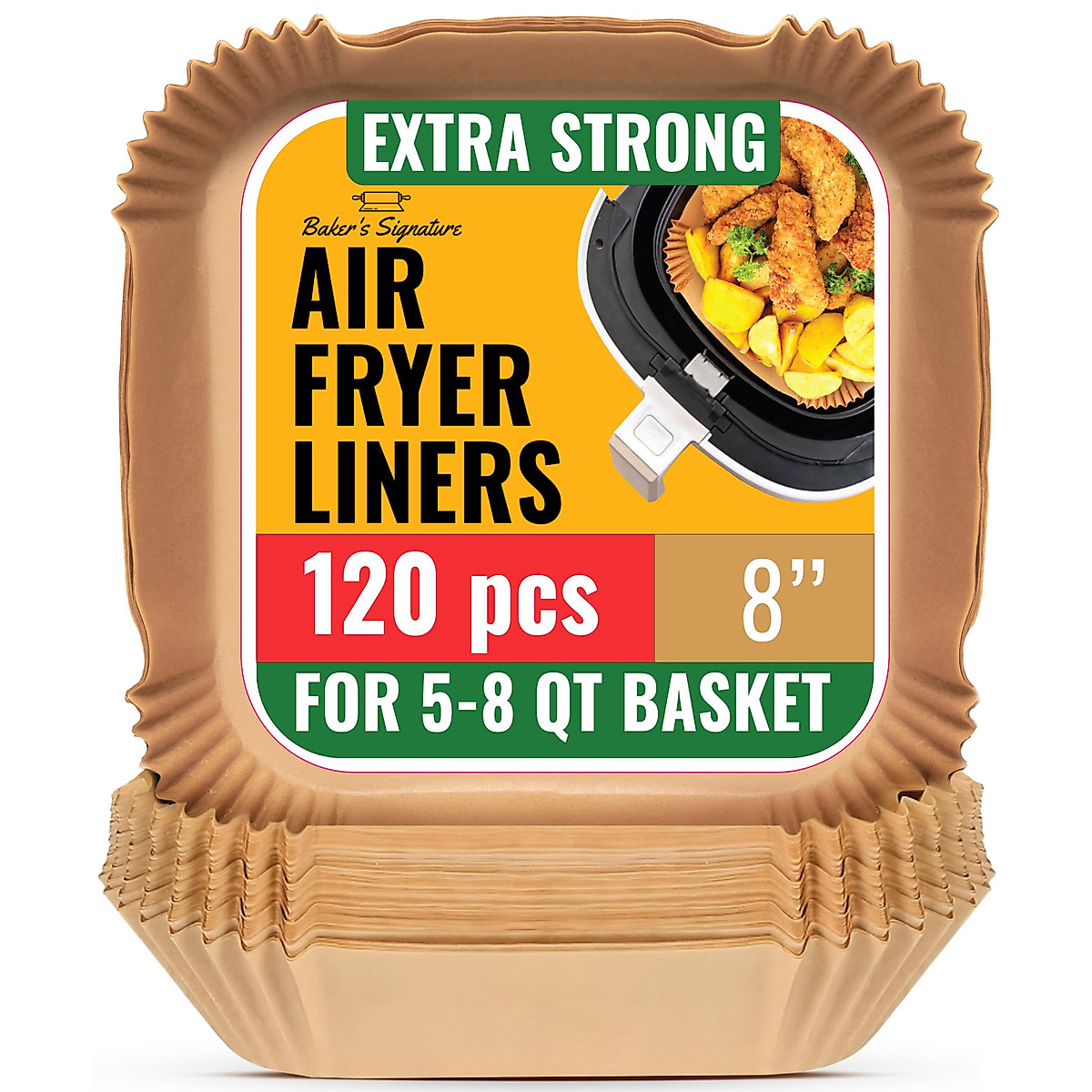 Air Fryer Paper Liners, 120Pcs Air Fryer Disposable Liners, Non-Stick and Oil Proof for Easy Cleanup, 8” Square for 5-8 qt Basket by Baker's Signature