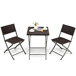 Tangkula 3 Piece Patio Bistro Set, Folding Wicker Chairs & Table Set, Solid Metal Frame, Outdoor Patio Furniture Set for Garden, Front Porch, Poolside, No Assembly Needs (Brown)