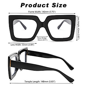Melpomenia Oversized Blue Light Glasses for Women Fashion Big Frame Glasses Non-Prescription Eyewear(Black)