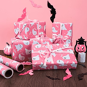 1 Roll Pink Ghost and Boo Wrapping Paper Mini Roll 17in x 32.8Ft Halloween Pink Ghost Print Gift Wrap Paper Cute Ghost Paper for Happy Boo Day Girls Baby Shower Birthday Party Supplies