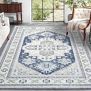 GlowSol Washable Area Rug 8x10 Vintage Large Rug Boho Floral Living Room Rug Non-Slip Nursery Rug for Bedroom,Low-Pile Carpet Print Distressed Entryway Rug for Laundry Dining Room Office Hall