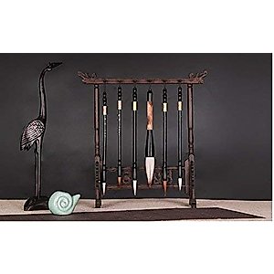 6 Pcs Brush Pen Set with Stand Holder Chinese Calligraphy Painting Art Wood Shelf Include Writing Brush