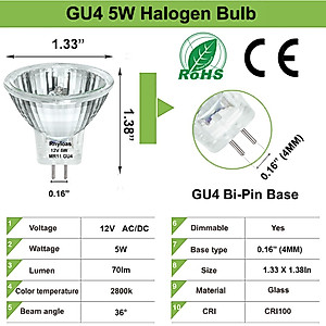 Rnyloas GU4 Halogen 5W, 6 Pack GU4 Base MR11 12V 5W, Long Lasting GU4 MR11 Dimmable with Glass Cover, MR11 Warm White 2800K Fiber Optic Light Bulb, MR11 Bulb with GU4 /GZ4 Bi Pin Base