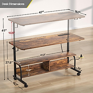 Height Adjustable Standing Desk with Power Outlets, 47" Manual Stand Up Desk with Storage Shelves Small Mobile Rolling Computer Desk Portable Laptop Table with Wheels for Home Office, Rustic