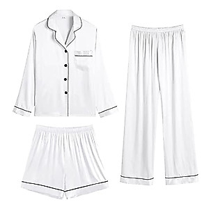 SWOMOG Women 3 Pcs Satin Pajamas Set Silk Long Sleeve Sleepwear Button Down Loungewear Pjs with Shorts & Pants White