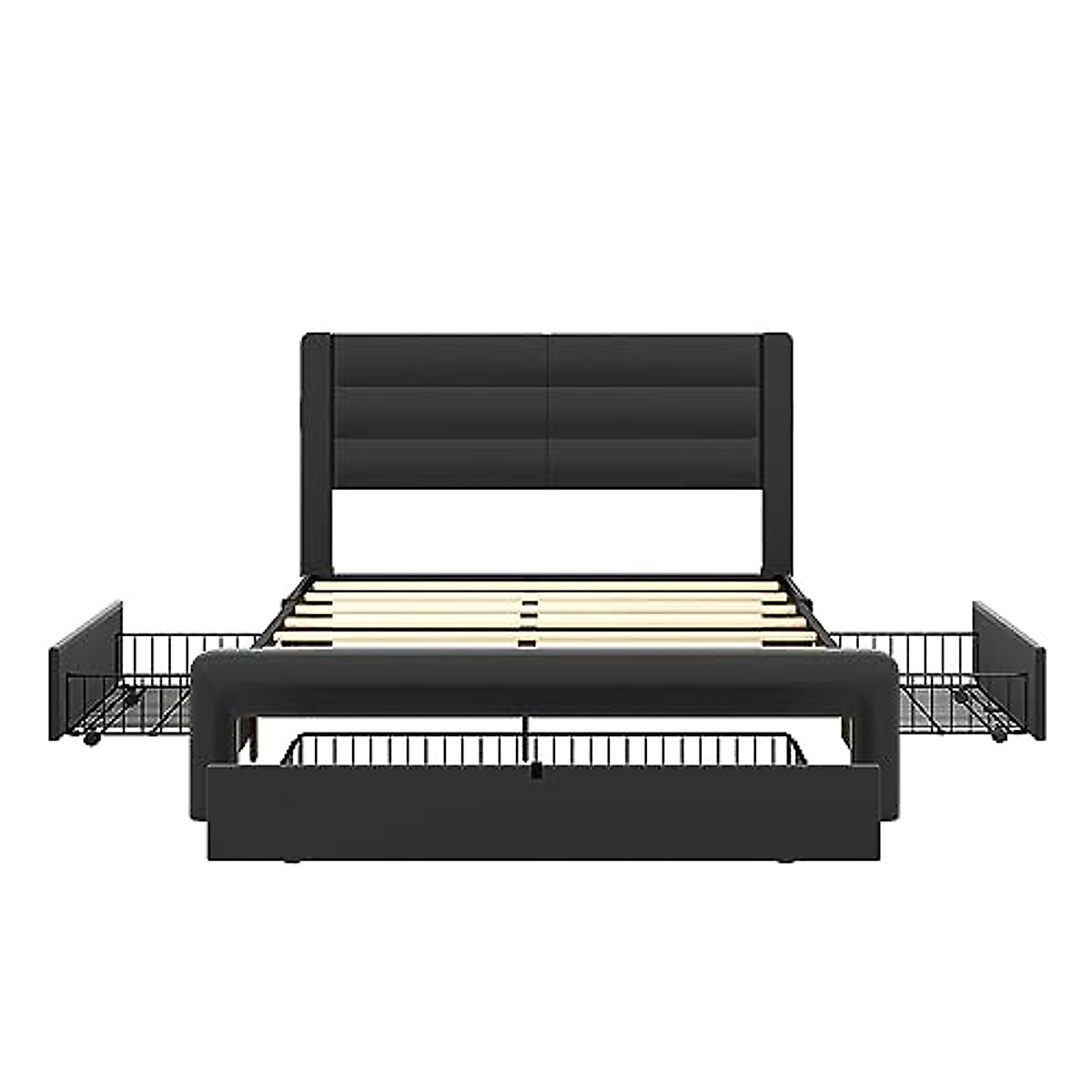 Upholstered Queen Size Platform Bed Frame with 3 Storage Drawers and Headboard, PU Leather Queen Storage Bed with USB Charging Station and Wooden Slats Support, Noise Free, Black