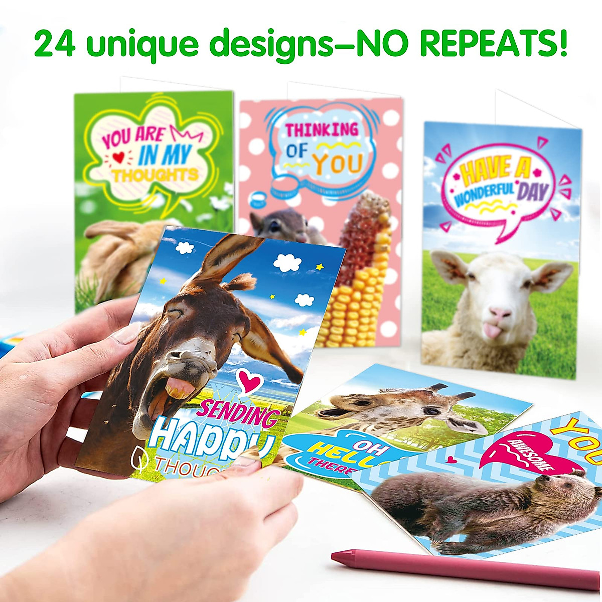 Funny Animal Greeting Cards with Envelopes Stickers 24 Pack Thinking of You Miss You Hello Note Cards for for Kids Students Friends Teacher Family Birthday, Holiday Gifts Present 4x6 In