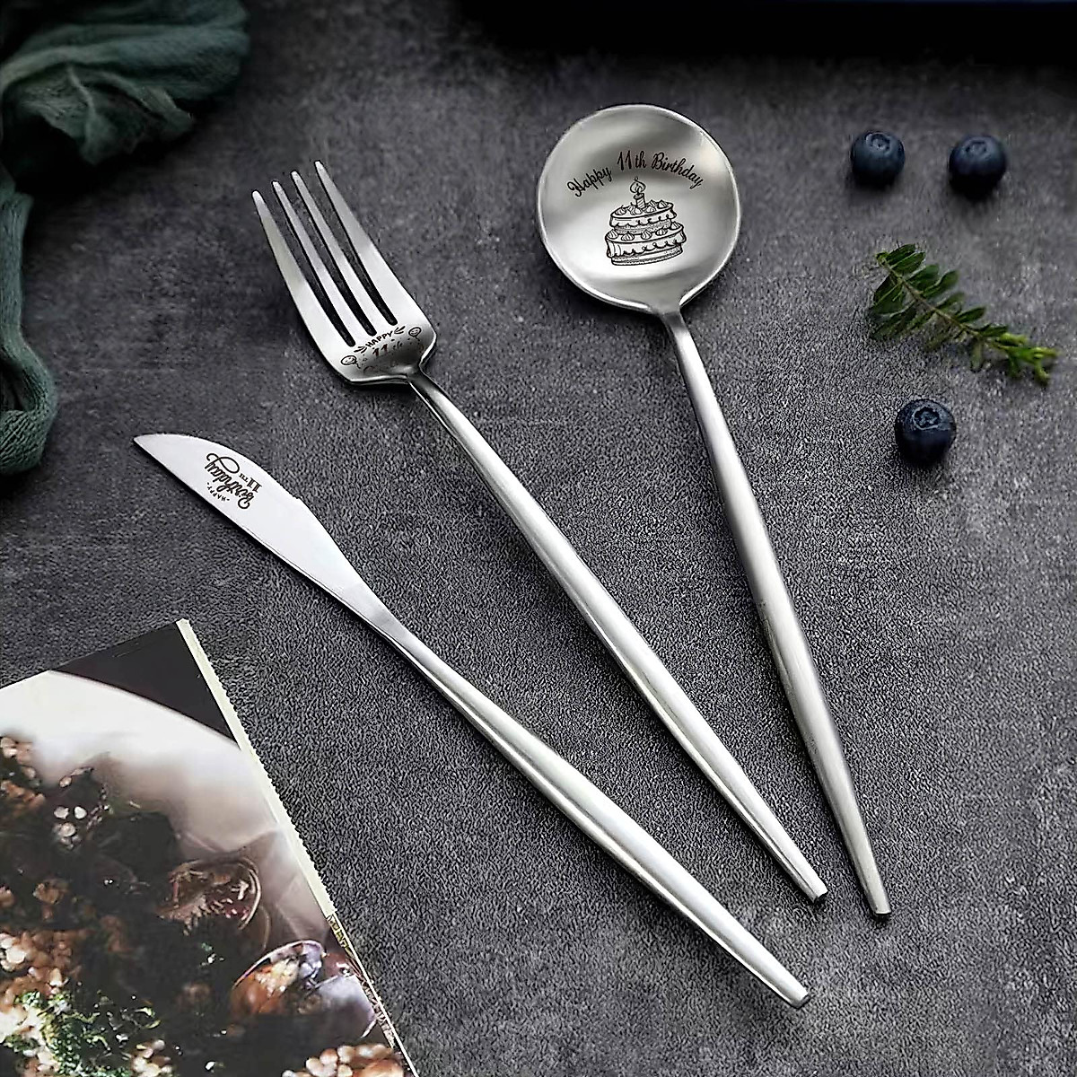 Happy 11th Birthday Spoon&Fork Gifts Engraved Cutlery Set Personalized Birthday Gifts for Son Daughter Sister Brother Friends