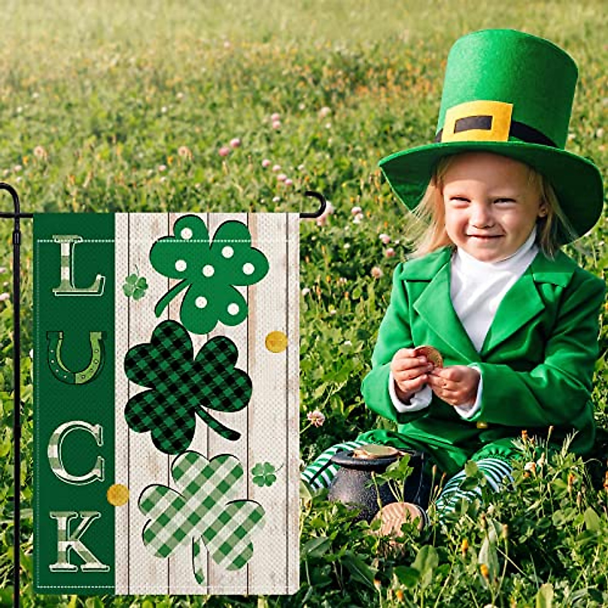 YOVOYOA St Patricks Day Garden Flag, 12.5 x 18 Inch Double Sided Green Shamrock Clover Spring Flag, Rustic Luck Shamrock Buffalo Plaid Flag for Yard Patio Outdoor Farmhouse Decor