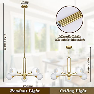 Gold Globe Chandelier Pendant Lighting, 5-Light Kitchen Light Fixtures, Mid-Century Modern Large Semi-Flush Ceiling Light Fixture with Frosted Globe Glass for Dining Room Living Room Bedroom Brass
