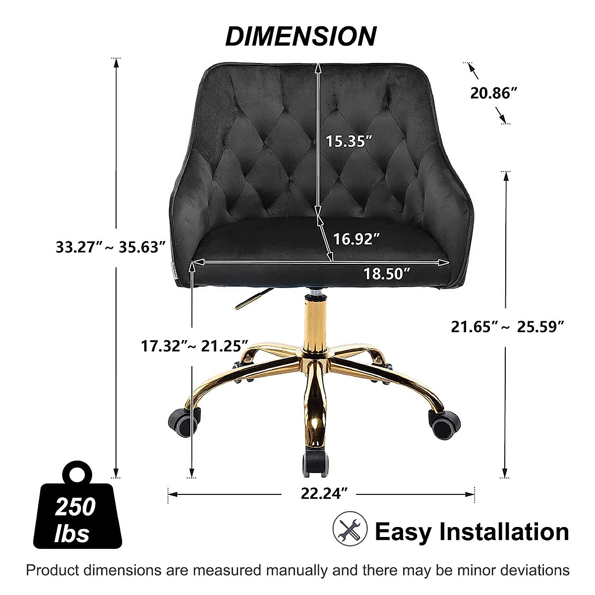 Kootlena Modern Black Velvet Desk Chair, Home Office Desk Chair Computer Chair on Wheels, Cute Vanity Chair for Womens Girls, Upholstered Swivel Task Chair w/Gold Base for Living Room Bedroom
