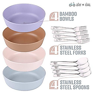 Bamboo Baby Bowl and Stainless Steel Silverware Set – (12-Piece) 4 Bamboo Bowls Kids, 4 Forks and 4 Spoons – Eco-Friendly BPA Free – Self Feeding Dishwasher Safe Baby Bamboo Bowl