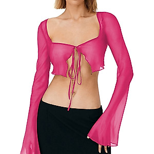 Remidoo Women's Sexy Sheer Mesh Tie Front Crop Top Long Sleeve See Through Cardigan Cover Up Shirt Hot Pink Large