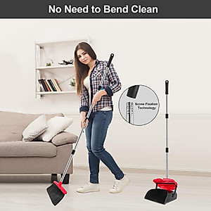 Broom with Dustpan Combo Set,UDUK 51'' Long Handle Broom with Standing Dustpan for Home, Heavy Duty Broom and Dustpan Set with Lid and Cleaning Teeth, Ideal for Pet Store Kitchen Indoor Outdoor (Red)