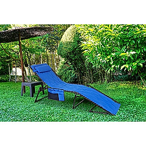 ALPHA CAMP Outdoor Folding Chaise Lounge Chair Support 400 LBS for Beach Lawn Pool Tanning Deck Camping, 5-Position Reclining Patio Chairs with Pillow, Blue