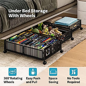 Under Bed Storage With Wheels Under bed Storage Containers Removable Large Wrought Metal Foldable Space-saving Under Bed Shoe Storage Organizer Drawer on Wheels for Clothes Movable(2 pieces, Black)