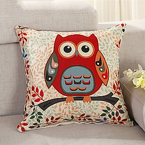 Bursonvic Cartoon Pattern Throw Pillow Case Cushion Cover Square Home Farmhouse/Modern Decorative Cotton Linen Pillowcase for Sofa/Bench/Couch (Fat Owl, 18" x 18")