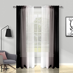 Melodieux Black Ombre Sheer Curtains 84 Inches Long for Living Room, Bedroom Chiffon Black White Gradient Rod Pocket Voile Drapes, 52 by 84 Inch, 2 Panels