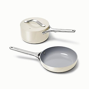 Caraway Mini Duo - Non-Stick Ceramic Mini Fry Pan (1.05 qt, 8") & Mini Sauce Pan (1.75 qt) - Non Toxic, PTFE & PFOA Free - Oven Safe & Stovetop Agnostic (Gas, Electric & Induction) - Cream