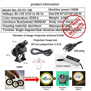 100W LED Logo GOBO Projector Ip67 Waterproof DJ Effect Light Including Free Custom Glass GOBO to Project Image for Hotel Company Store Wedding Advertising Indoor and Outdoor Use (100W)