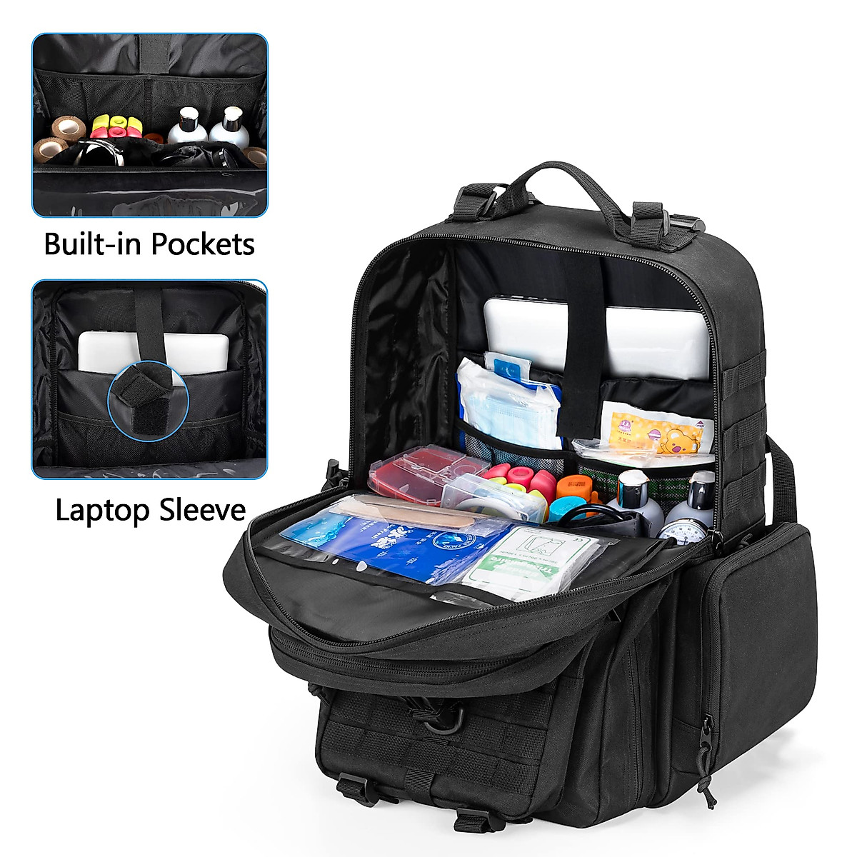 Damero Medical Tactical Backpack, Medical Supplies Bag First Aid Rucksack with Top Y-Strap for Hiking, Trekking Hunting Camping, Black (Bag Only)