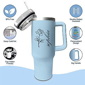 Custom Tumbler Personalized Tumbler with Name Birth Flower 40 Oz Customized Insulated Tumbler Mug Cup with Lid and Straw-Personalized Gifts for Women
