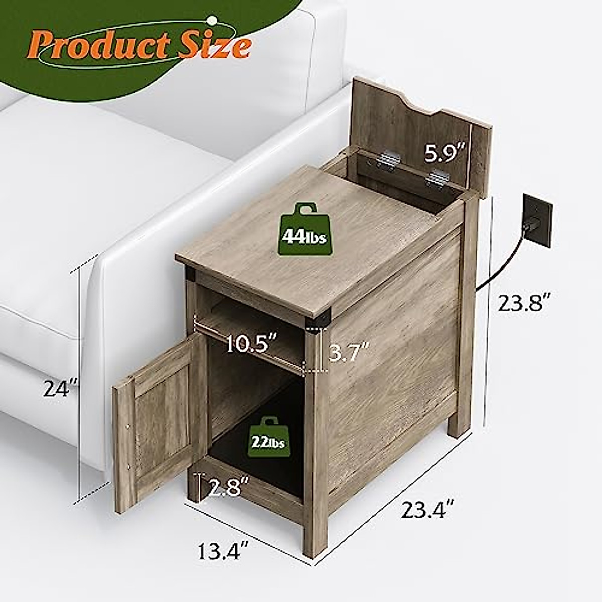 WLIVE End Table with Charging Station, Side Table with USB Ports and Outlets, Narrow Side Table for Small Spaces, Living Room, Couch, Nightstand with Storage, Greige