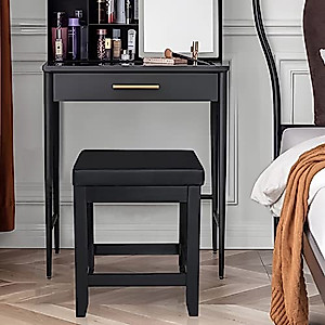Iwell Large Vanity Stool with Solid Wood Legs, Capacity 330lb, Vanity Bench, Vanity Chair, Dressing Stool for Bedroom, Bathroom, Piano Seat, Black