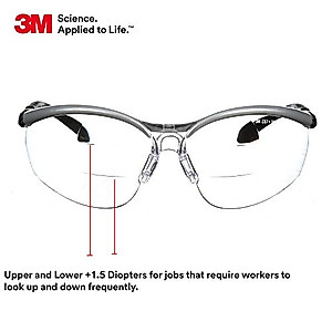3M Safety Glasses, BX Dual Readers, +1.5, ANSI Z87, Anti-Fog Clear Lens, Gray/Black Frame, Adjustable Length Temples and Lens Angle