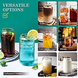 SNDUUrainbow Drinking Glass cups with Glass Straws 4 Pack Set,16 oz Can Shaped Glass Cups,Glass Beer,Iced Coffee Glasses with Lids,Tumbler Cup,Juicing, Cocktail,Whiskey-2 Cleaning Brushes