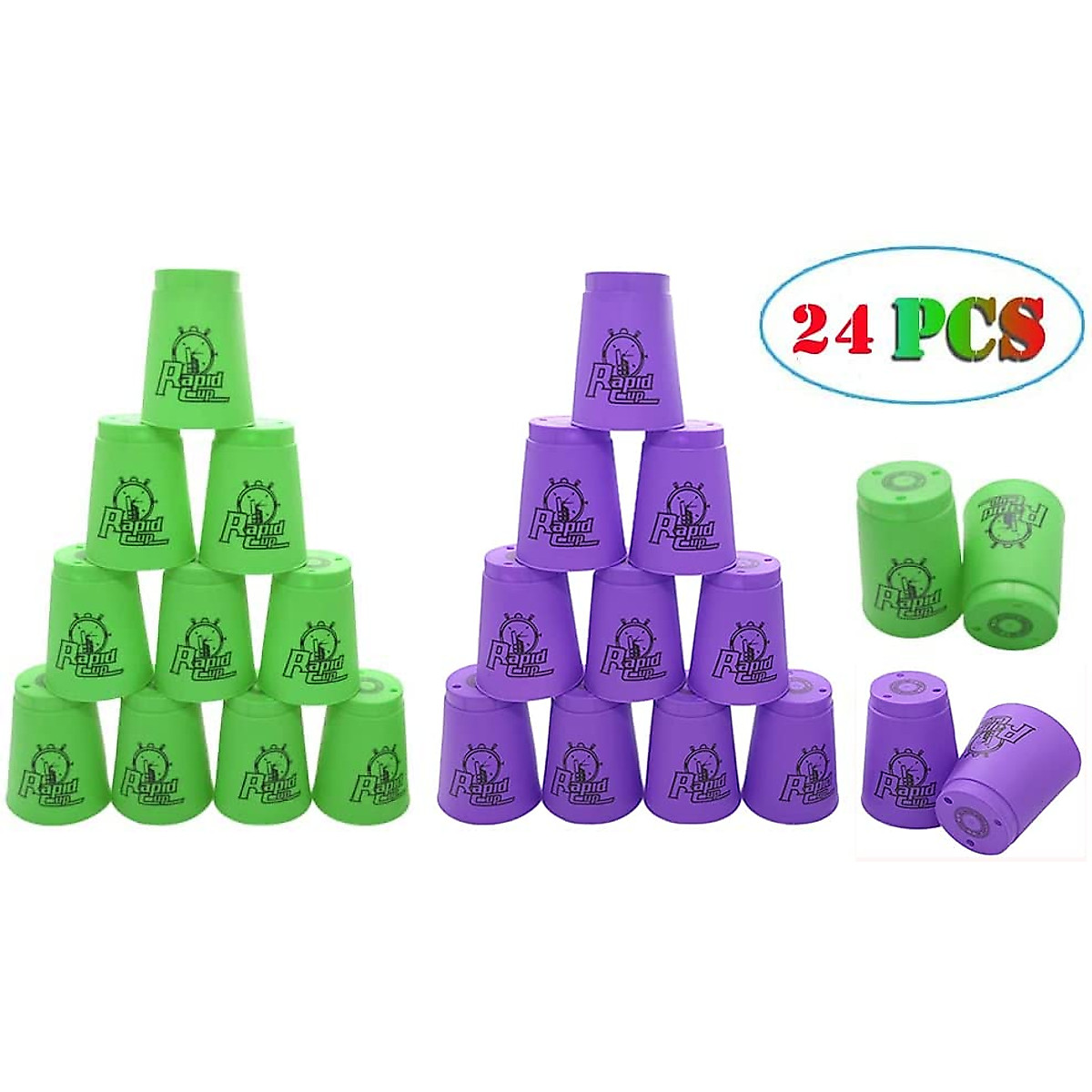 Tocypho 24 Pack Quick Stack Cups Set Plastic Sports Stacking Cups Training Game for Travel Party Challenge Competition (Purple&Green)