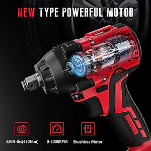 SEYVUM Impact Wrench,1/2" Impact Gun, Power Impact Driver Max Torque 320 Ft-lbs (430N.m), Cordless Impact Wrench with 20V Brushless Motor, 3.0Ah Li-ion Battery with Fast Charger, 4 Pcs Impact Sockets