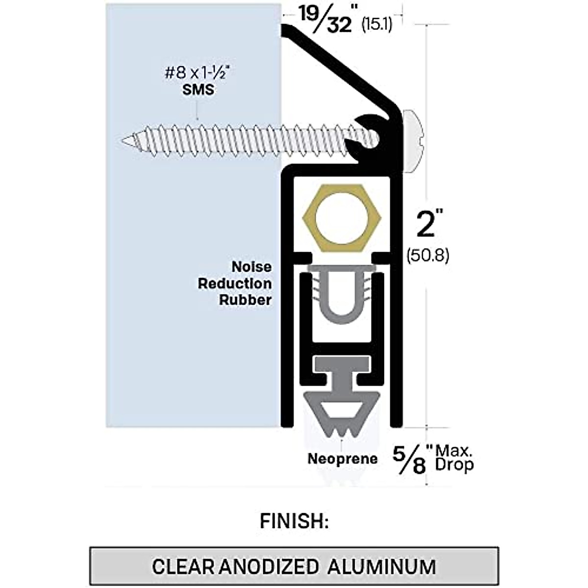 Fire Rated/Light Duty/Surface Mounted Automatic Door Bottom (7123CA) with Solid Rubber Extrusion, SMS # 6 x 1'' Supplied, (48'' L x 19/32" W x 2" H)