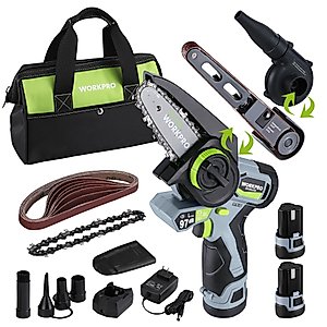 WORKPRO Cordless Detail Belt Sander, Mini Chain Saw, Electric Blower, 3-in-1 Power Tool Combo Kit, 12V, Powerful Brushless Motor, with 2 Batteries, Fast Charger and Storage Bag