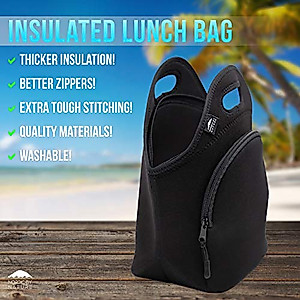 Nordic By Nature Large Neoprene Lunch Bag for Women & Lunch tote for Kids Insulated Lunch bag Reusable Washable Extra Thick Neoprene & Soft Cotton Feel, Premium Stitching, Outside Pocket, (L) Black