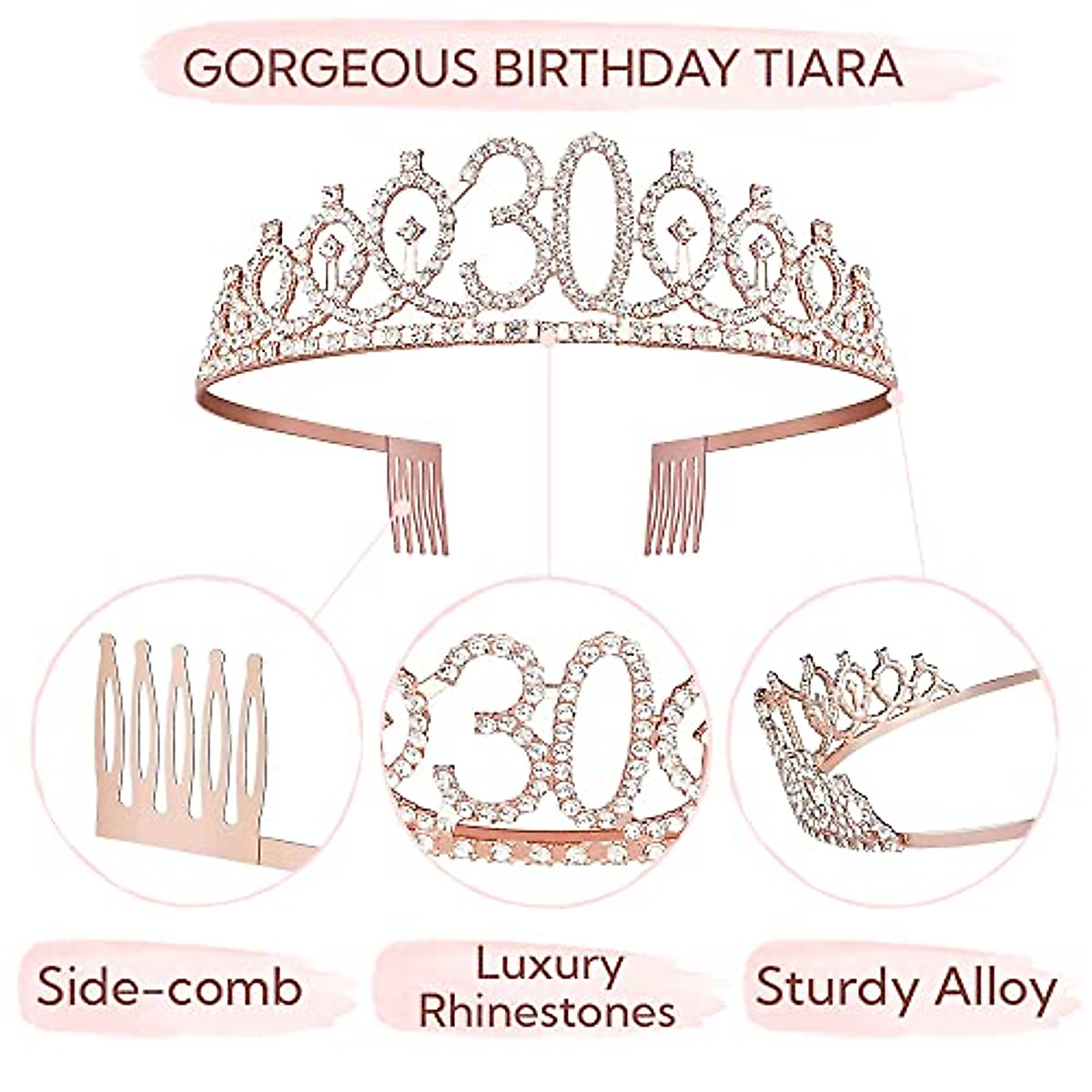 Bella Meri 30th Birthday Gifts for Women, 30th Birthday Tiara Crown, Sash, Cake Toppers,Birthday Candles, 30 Birthday Decorations Women