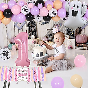 Fangleland Halloween Spooky One 1st Birthday Decorations for Girls - Pink and Purple Balloons Garland Arch Kit Ghost Balloons Backdrop, First Bday Party Supplies for One Year Old Girl