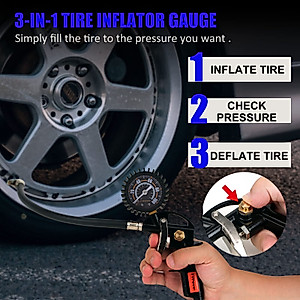 FYPower 16 Pieces Heavy Duty Air Compressor Accessory Kit, 1/4 inch 25ft Recoil Poly Air Compressor Hose Kit, 100PSI Tire Inflator Gauge, Blow Gun and Nozzles, 1/4" NPT Air Coupler and Plug Kit