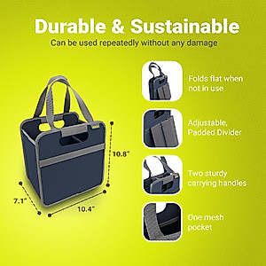 meori Foldable 6 Bottle Wine Tote Marine Blue Organize Crate Glass Dividers Stylish Travel Storage Box Liquor Spirits Tastings Grocery Shopping Hostess Gift (A100616)