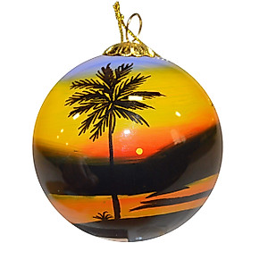 Blown Glass Christmas Ornament | Sunset Palm Trees and Seagulls | Hand Painted Inside | Original Art | Includes Gift Box