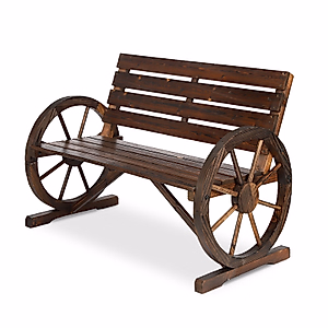 HOMEDIARY Outdoor Wooden Wagon Wheel Bench, Rustic 2-Person Seat Patio Bench w/Slatted Design and Carbonized Finish, Outdoor Patio Furniture w/550lbs High Capacity for Garden Patio Backyard Porch